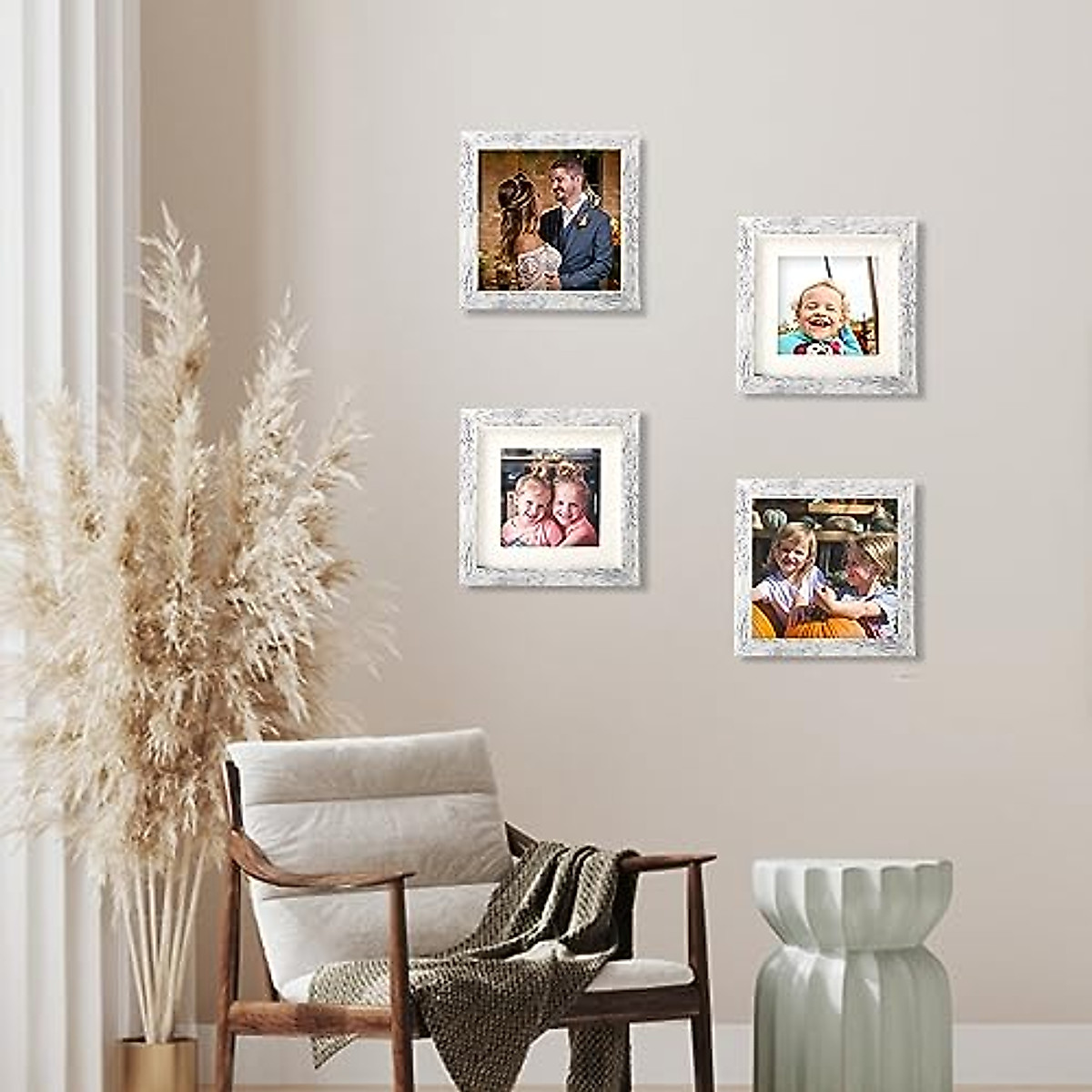 AVEAX 6x6 Picture Frame Display Pictures 4x4 with Mat or 6x6 Without Mat, Set of 4 Square Photo Frame for Wall or Tabletop White