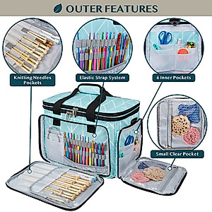 PAVILIA Knitting Bag Yarn Storage Tote, Large Crochet Organizer Bag, Yarn Storage Holder for Crocheting Knitter, Knitting Project Bag, Crochet Accessories Set, Gifts for Crochet Lovers, Chevron Teal