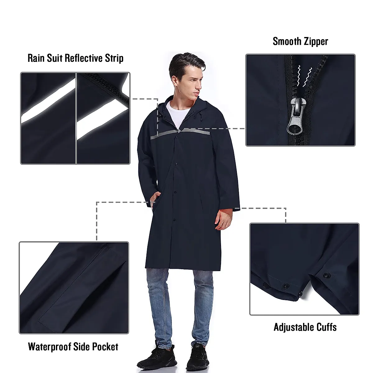 Mens Long Hooded Safety Rain Jacket Waterproof Emergency Raincoat Poncho(Navy,XL)