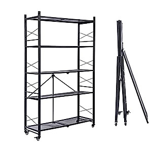 Grezone Foldable Shelves 5 Tier Storage Shelving Unit with Wheels No Assembly Heavy Duty Metal Shelf Rack for Garage Kitchen Hold up to 1250 lbs (39”×13.5”×63”)