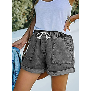 GOLDPKF Womens Shorts Summer Denim Shorts Women High Waisted 2024 Trendy Elastic Waist Jeans for Women Casual Plus Size Folded Hem Stretch Jeans Gray X-Large