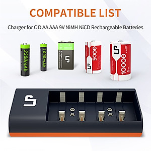 LP Universal Battery Charger LED Display for Rechargeable Batteries NI-MH NI-CD AA AAA C D 9V Li-ion, Smart Battery Charger with AC Adapter Fast Charging for 1.2V NI-MH NI-CD Batteries