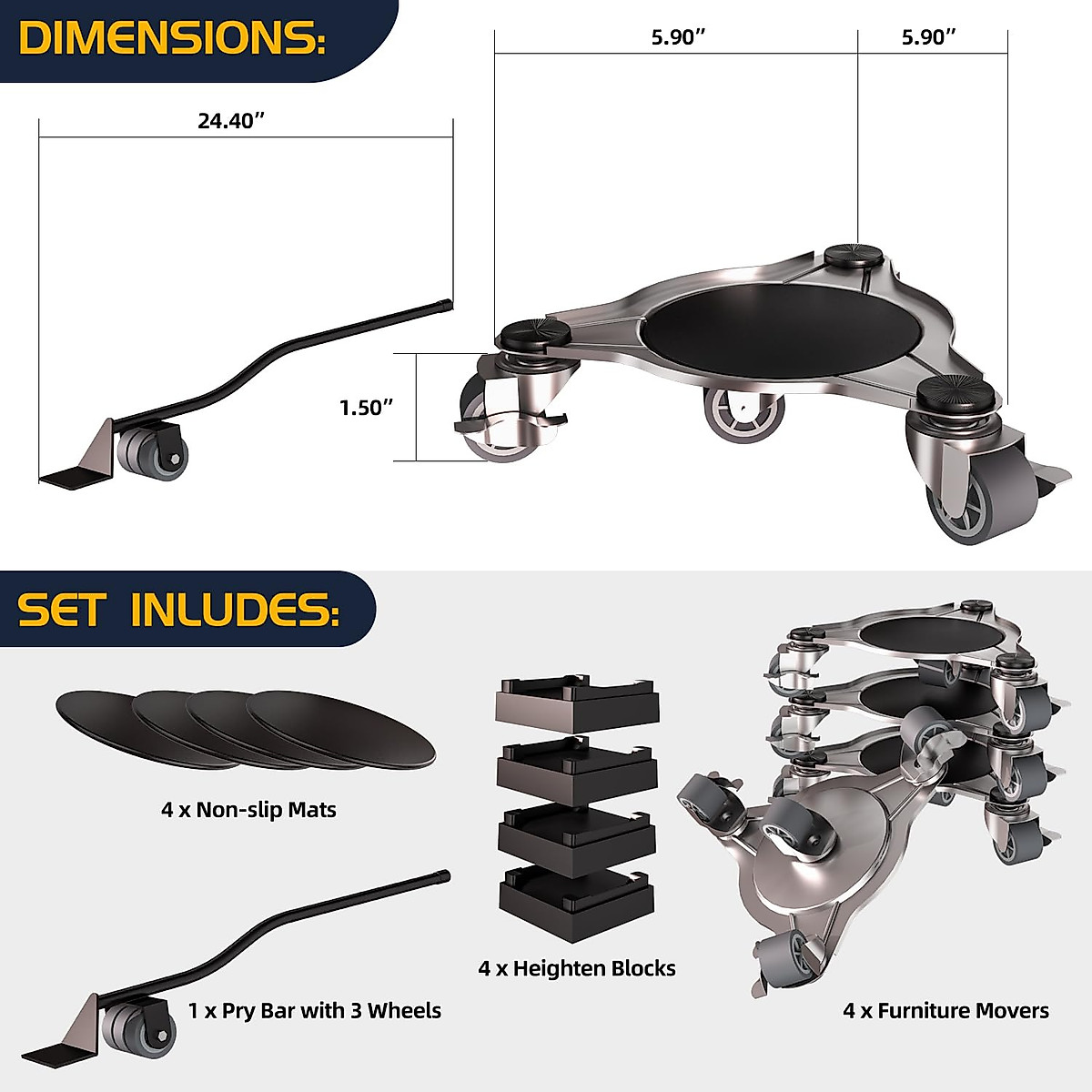 ENMEN Furniture Movers with Wheels – 15cm Thickened Steel Frame Furniture Dolly 4 Wheels with Pry Bar & Heightening Blocks, 360° Furniture Lifters for Heavy Furniture for 1000Lbs – Small