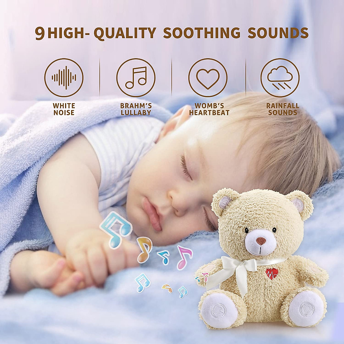BEREST Sleeping Bear Baby Sleep Soother- Mom's Heartbeat White Noise Machine Infant Stuffed Animal Bear Toy Sleeping Aid, Nursery Decor with Baby Cry Sensor, Night Light, 9 Soothing Sounds Therapy