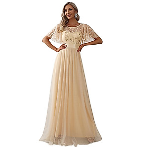 Ever-Pretty Women's Custom Sequin Embroidery Curvy Round Neck High Waist Ruffles Sleeves Long Formal Dresses Gold 9XL