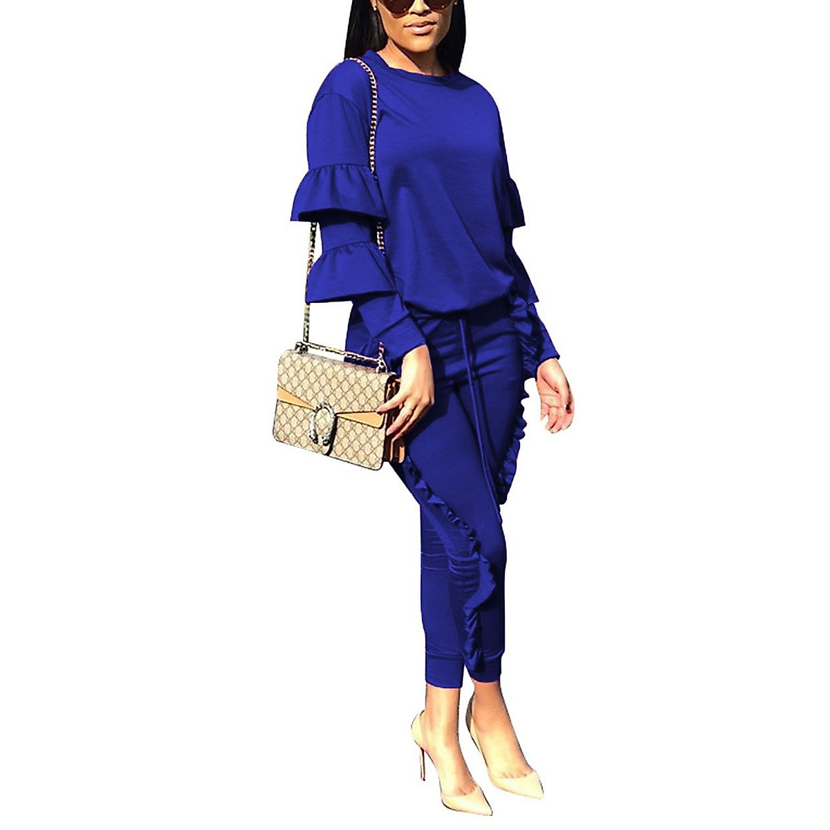 Akmipoem Women Sweatshirt Ruffle Sleeve Pullover Tops and Long Jogger Pants Royal Blue XL