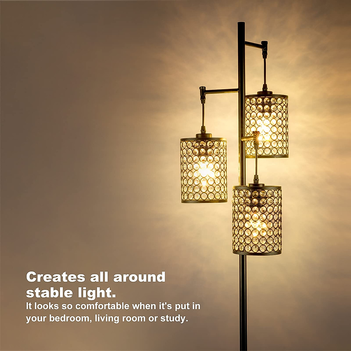 EE Eleven Master 3-Light Industrial Floor Lamp for Farmhouse, Elegant Crystal Tall Standing Light with On/Off Switch, Sturdy Base Tree Black Pole Light Great for Living Room Bedroom Office Home