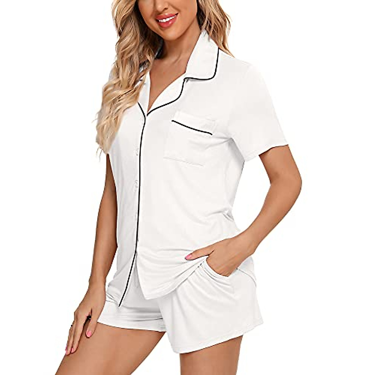 Samring Pajamas for Women Sleepwear Womens Shorts Button Down Cotton Nightwear Set PJS for Women White L