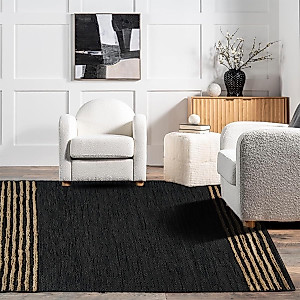 GRUHUM Jute Area Rug 4x6 ft Black Natural Leather Handmade Boho Farmhouse Rustic Vintage Eco Friendly Soft Braided Rug for Indoor Kitchen Bedroom Living Room Hallways Enterways 4'x6' ft Rectangle