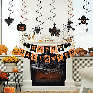 AhfuLife Halloween Party Decorations Set, Reusable Halloween Indoor Decorations Kit Including Happy Halloween Paper Banner for Home Decor, Trick or Treat Banner Sign, Hanging Swirl, Pumpkin Bat Banner