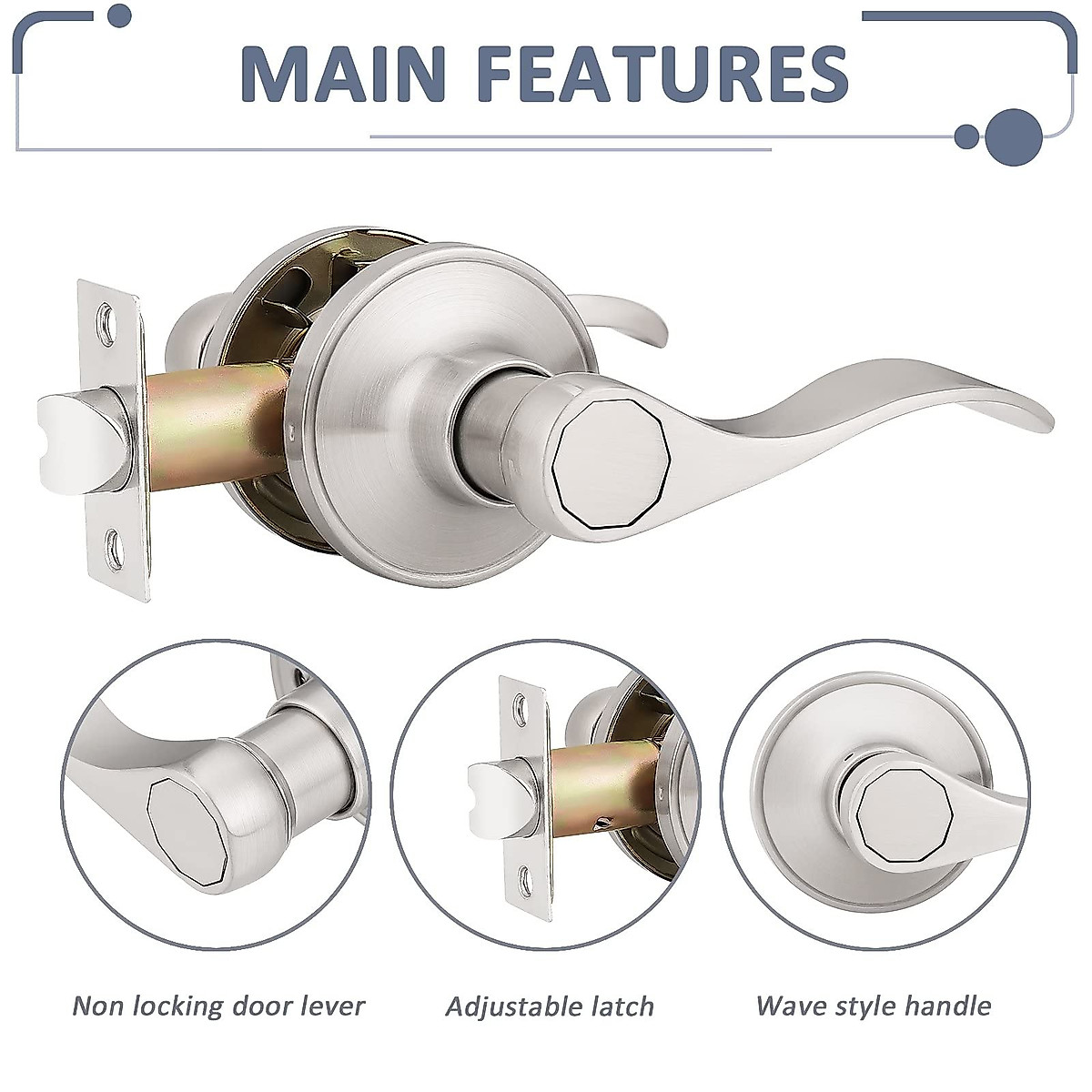 Probrico (2 Pack Passage Door Lever [Non-Locking Lever Set], Non-Locking Door Handle Set for Hallway or Closets, Keyless Satin Nickel Finish Wave Door Lock, Reversible Right & Left Side Handed