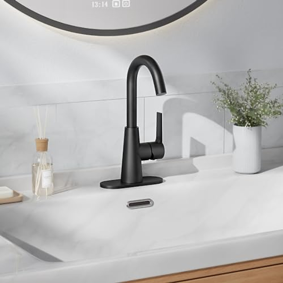 Phiestina Single Hole Matte Black Single-Handle 4 Inch Bathroom Sink Faucet with Deck Plate and Supply Hoses, Bar Sink Faucet/Pre-Kitchen Sink Faucet with 360° Rotation Spout, WE10E-MB