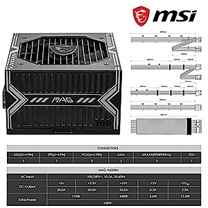 MSI MAG A650BN Gaming Power Supplyr - 80 Plus Bronze Certified 650W - Compact Size - ATX PSU