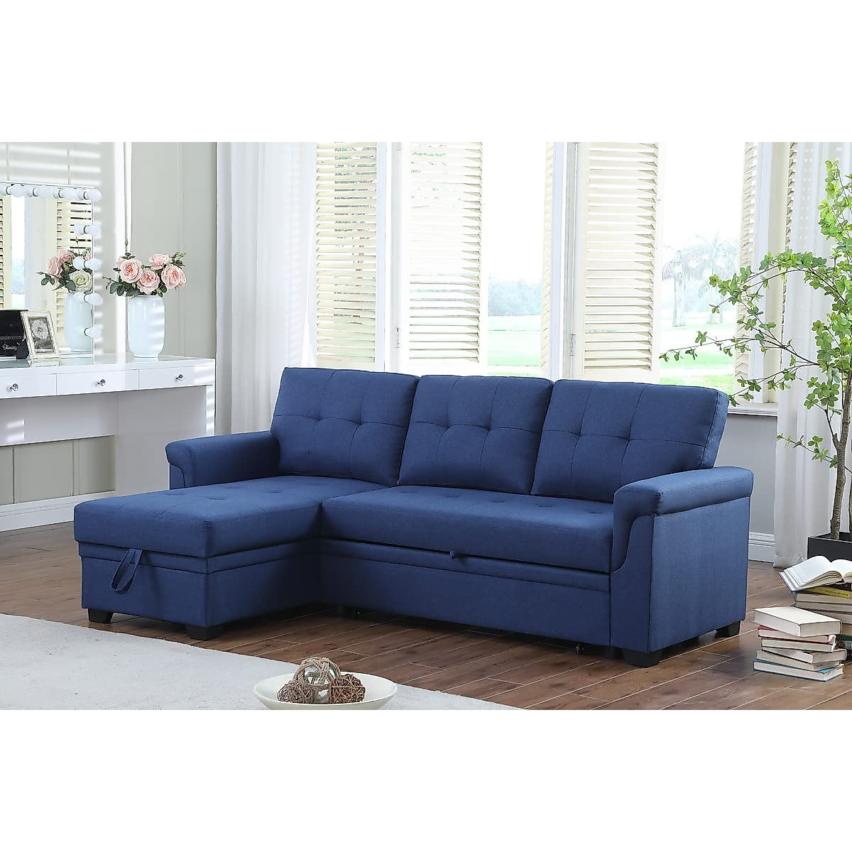 OPTOUGH L Shape Reversible Sectional Sofa Couch Pull Out Sleeper Bed with Storage Chaise for for Apartment, Living Room, Blue Linen