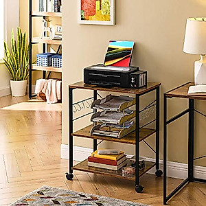 Mr IRONSTONE Baker's Rack, Kitchen Microwave Cart, Coffee Bar Table Station, 3-Tier Kitchen Utility Storage Shelf with Rolling Wheels Coffee Cart Kitchen Microwave Stand with 10 Hooks, Rustic Brown