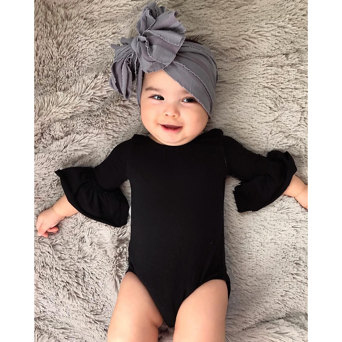 Mubineo Infant Baby Girl Basic Bell Short Sleeve Cotton Romper Bodysuit Tops Clothes (Black, 0-3 Months)