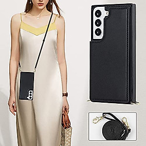 DEFBSC Compatible with Samsung Galaxy S21 FE Case, Crossbody Wallet Case, Adjustable Detachable Lanyard Neck Strap with Kickstand Leather Card Holder Protective Cover-Black