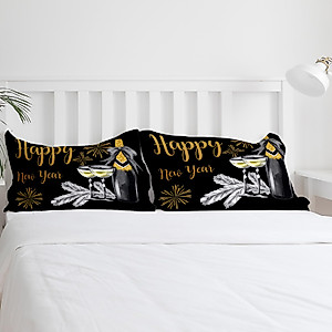 ZOE GARDEN Happy New Year Bed Duvet Cover Queen Size, Washed Patterned Textured Duvet Cover Sets with Zipper & Tiers, Microfiber Soft Comforter Thick Luxury Quilt Cover Black Gold Silver