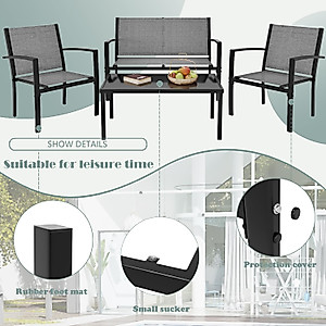 Greesum GS-LCT4PCSGY 4 Pieces Patio Furniture Set Outdoor Conversation Textilene Fabric Chairs for Lawn, Garden, Balcony, Poolside with A Glass Coffee Table, Gray