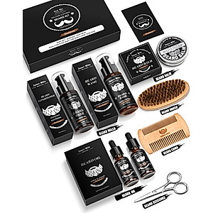 Beard Kit for Men Grooming & Care with 2 Pack Beard Oils, Balm, Wash & Conditioner for After Shave Lotions-Sandalwood, Brush, Combs, Scissors, Valentine's Day Christmas Fathers Gifts for Dad Men Him