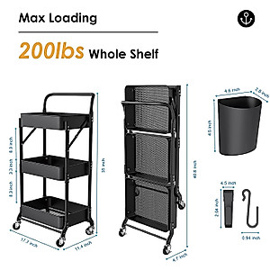 DTK 3 Tier Foldable Metal Rolling Cart, Metal Trays Utility Cart with Handle and Wheels, 3 Hanging Cups and 6 Hooks Storage Organizer Cart, Collapsible Kitchen Cart for Bathroom Office Kitchen(Black)