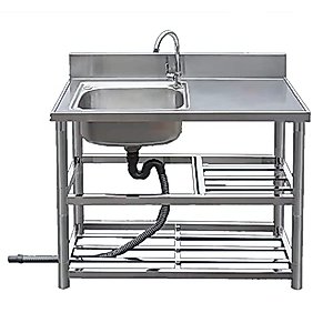 Stainless Steel Utility Sink Free Standing Sink Commercial Single Bowl Compartment Workbench Sink with Faucet and Drain Double Storage Shelves for Laundry Garage Indoor Outdoor. (Color : Cold alone L