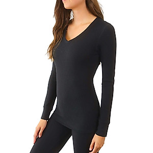 Pure Look Women's Long Sleeve Waffle Knit Stretch Cotton Thermal Underwear Shirt, Small, V-Neck Black
