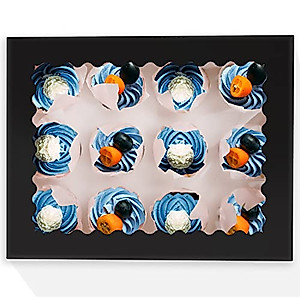 qiqee Black 12 Cupcake Boxes with Window 16-Packs Cupcake Box 13"x10"x3.5" Cupcakes Carrier, 12 Cupcake Containers