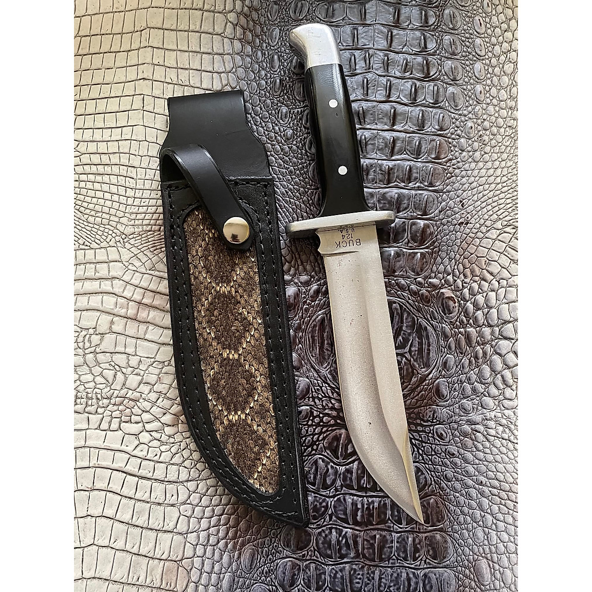 Custom Leather Right Hand Knife Sheath Fits Buck 124, Fixed Blade Knife Holder, Black
