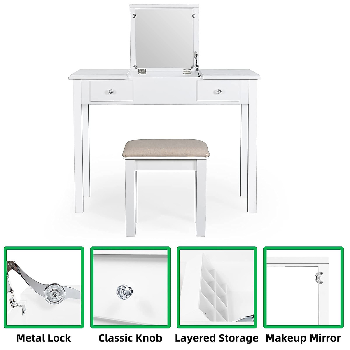 AODAILIHB Vanity Table with Flip Top Mirror Makeup Dressing Table Writing Desk with Cushioning Makeup Stool Set, 2 Drawers 3 Removable Organizers Easy Assembly (White)