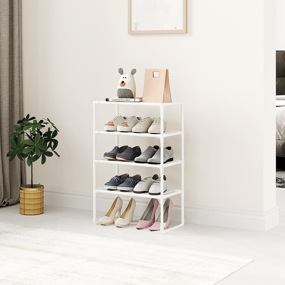 MUAHRCE 5-Tier Small Shoe Rack for Closet and Entryway, Narrow Shoe Shelf Organizer,Stackble Shoe Stand,Non-Woven Fabric Metal Free Standing Shoe Racks (White, 18" W x 9.9" D x 28.6" H)