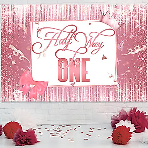Half Way To One Birthday Backdrop Banner Decorations for Baby Girls Rose Gold 6 Months 1/2 Bday Background Photography Party Sign Decor Supplies Pink