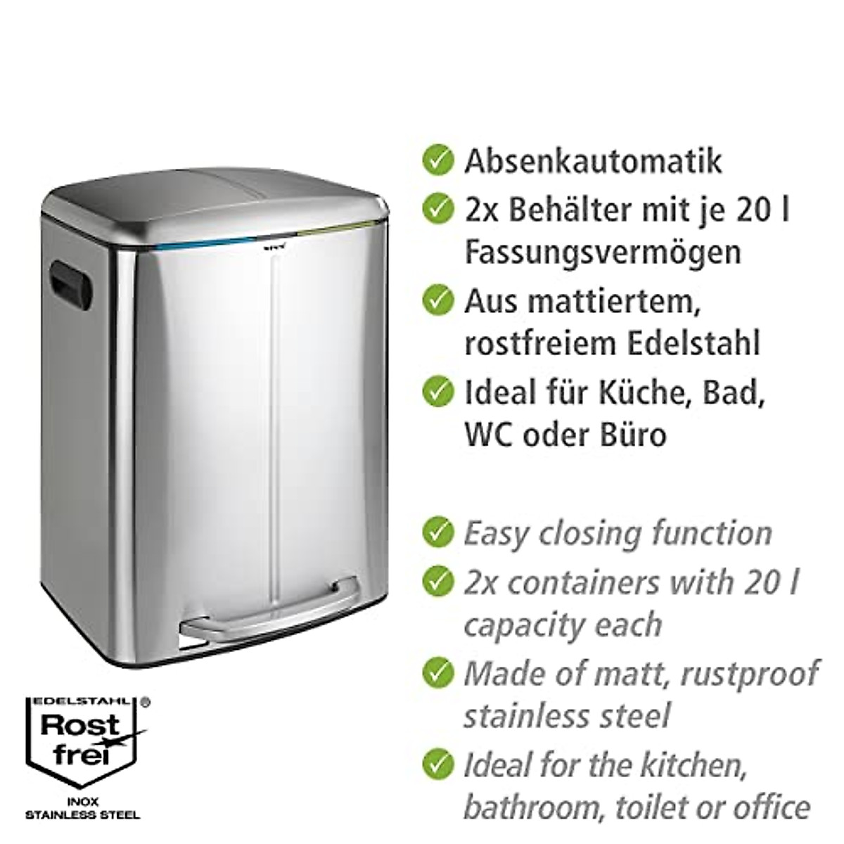 WENKO Primo 10 Gallon Dual, odorless, Waste, (WxHxD): 8.9x9.1x12.6 in, Stainless Steel Lid and Foot Pedal, Garbage Bin, Handsfree, Step Trash Can, Chrome