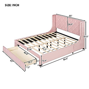 FIQHOME Queen Size Storage Bed,Velvet Upholstered Platform Bed with Wingback Headboard,Solid Wood Bed Frame with a Big Drawer,for Bedroom Guestroom,Easy Assembly,Pink