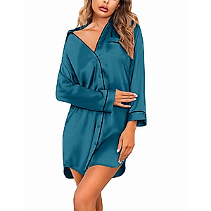 Ekouaer Women's Boyfriend Style Satin Sleep Shirts Deep Green