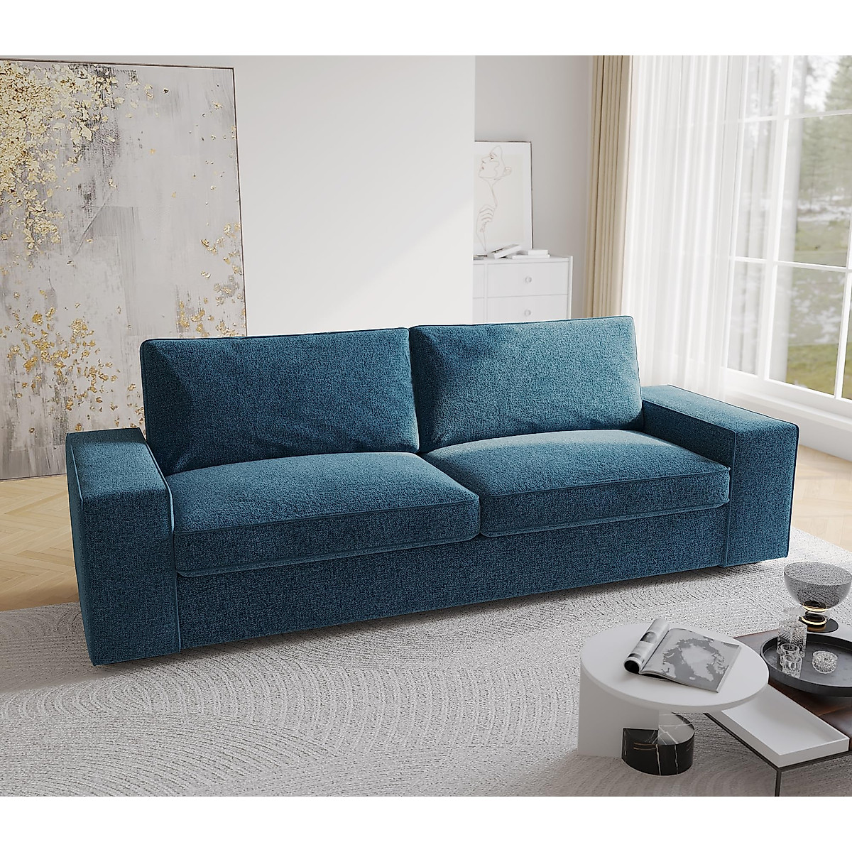 UIXE 80" Loveseat Sofa, Modern Love Seat Living Room 3-Seater Couches with Linen Fabric Cushion, Mid Century Upholstered Wide Track Armrest Couch Comfy Solid Wood Furniture for Bedroom, Blue