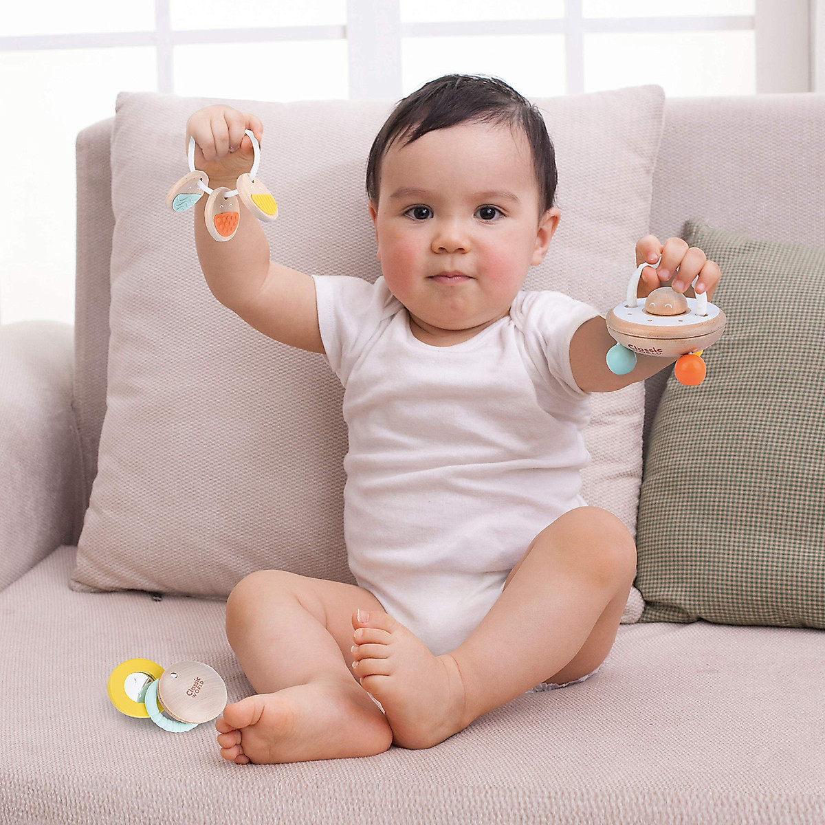 Classic World Wooden Rattle Teether Teething Toy Natural Teether, Rattle Key with Silicone, Wood Teether