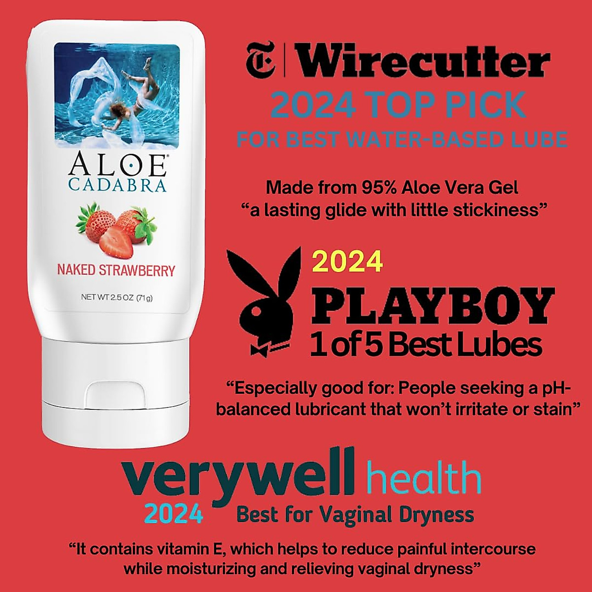 Aloe Cadabra Flavored Personal Lubricant and Vaginal Moisturizer, Organic Edible Aloe Lube for Men, Women and Couples, Non-Staining, pH Balanced, Toy Compatible (Strawberry, 2.5 Ounces, 1 Pack)