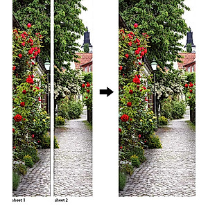 A.Monamour 3D Door Stickers for Interior Doors Blooming Flowers in Garden Patio Narrow Alley Botanical Theme Vinyl Waterproof Self Adhesive Door Mural Decals for Bedroom Office Bathroom 85 x 200 cm