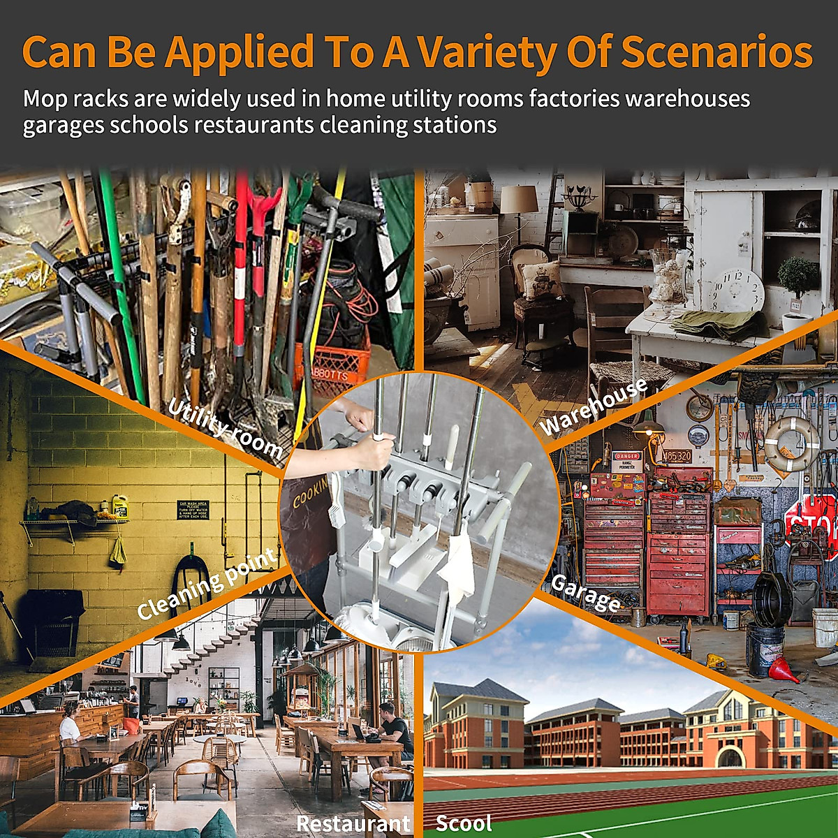 QTJH Broom mop holder cleaning supplies organizer janitorial carts on wheels housekeeping station storage tools for garage, garden, closet, cabinet.