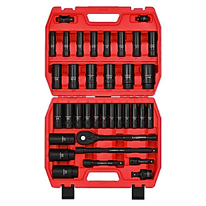 CASOMAN 3/8" Drive Impact Socket Set, 48 Piece Standard SAE and Metric Sizes (5/16-Inch to 3/4-Inch and 8-22 mm), 6 Point, Cr-V Steel Socket Set & 1/2" Drive Master Impact Socket Set, 36 Piece Deep, S