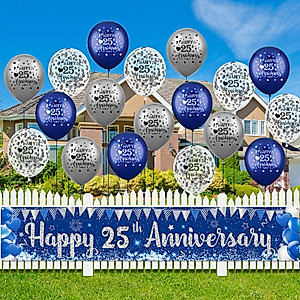 Blue Silver 25th Anniversary Decorations for Men Women, Blue Silver Happy 25th Anniversary Banner 18pcs Navy Blue 25th Anniversary Balloons for 25th Silver Wedding Anniversary Decoration Supplies