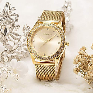 ManChDa Womens Wrist Watch Crystal Case Mesh Stainless Steel Band Bling Ladies Watches Analog Quartz Diamond Classic Fashion Romantic+ Jewelry Cuff Bracelet Set Slim Thin Casual Glitter Dress Watches