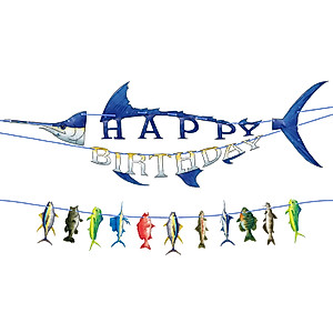 WERNNSAI Fishing Happy Birthday Party Banner - Gone Fishing String Hanging Banner with Pre-strung Fishing Banner Supplies for Boys Litter Fisherman Birthday Party Hanging Wall Decorations