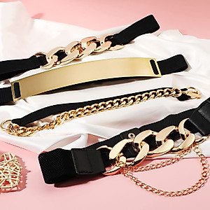 Zhanmai 4 Pieces Belts for Women Metal Gold Stretch Waist Belt Skinny Wide Chain Belt Elastic Belt for Dress