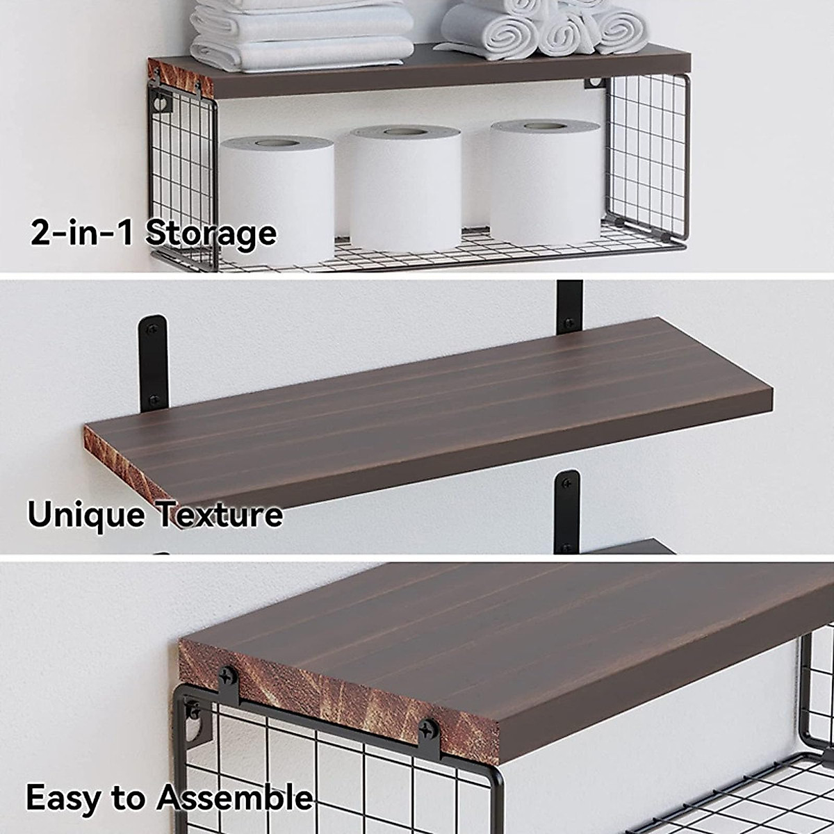 XHGUKC Towel Racks for Bathroom Wall Mounted,3PCS Floating Shelves with Storage Basket, Bathroom Organizers, Wall Mounted Rustic Wood Shelves for Bathroom, Bedroom, Living Room, Kitchen(Dark Brown)