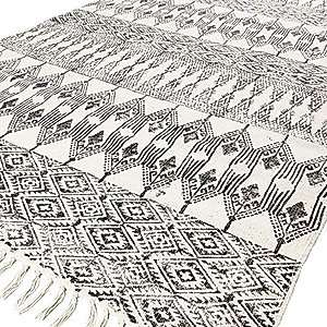 Eyes of India - 4 X 6 ft Off-White Black Cotton Block Print Area Dhurrie Rug Flat Weave Hand Woven Tassel Boho Chic Indian Bohemian Accent Handmade Handwoven