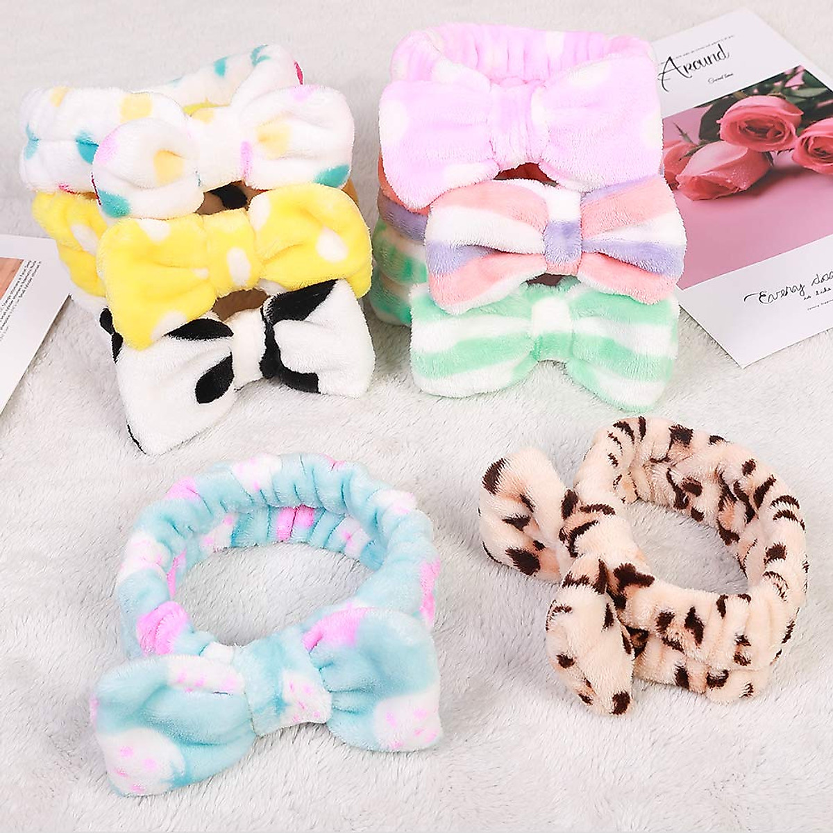 8 Pack Spa Bow Headbands, Coral Fleece Makeup Cosmetic Headband for Washing Face, Shower Terry Cloth Hair Band for Women Facial