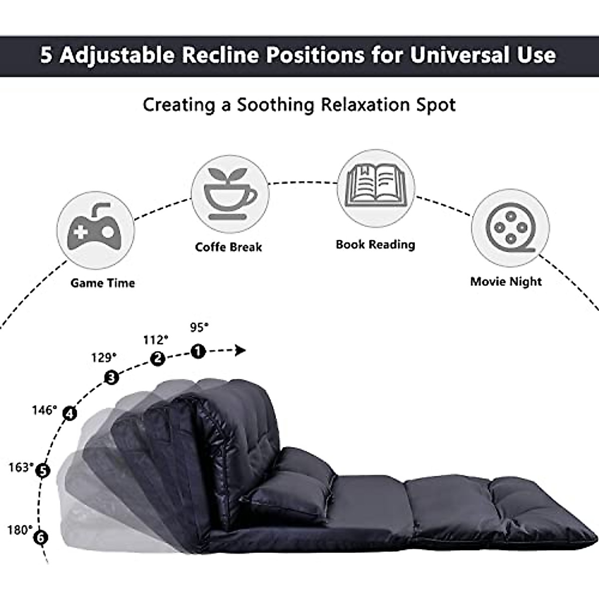 Adjustable Floor Sofa Bed with 2 Pillows , Folding Futon Couch Leisure Lazy Sofa with 5 Reclining Position, PU Floor Sofa for Reading or Gaming in Bedroom/Living Room/Balcony,Black
