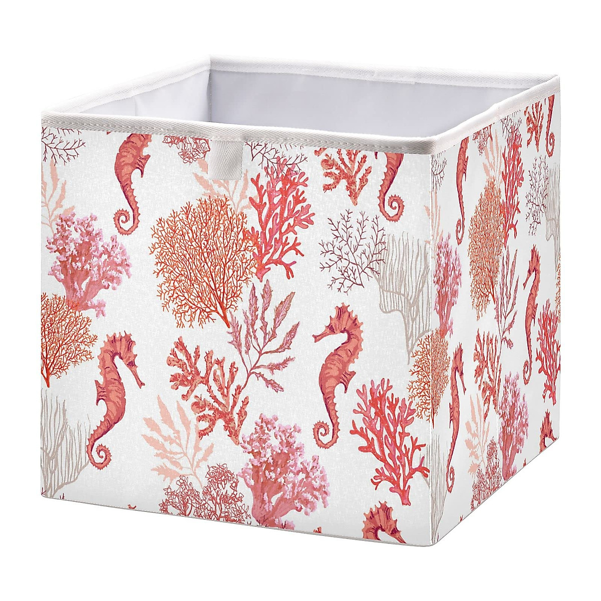 Kigai Coral Seahorse Storage Bins Cube Foldable Storage Baskets Bin Waterproof Home Organizer with Handles Basket for Toy Nursery Blanket Clothes, 11x11x11 Inch